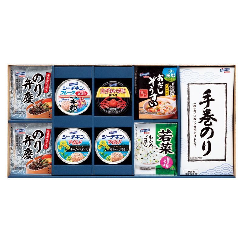 　ギフトサービスについて■メーカー:はごろもフーズ■商品名:和風バラエティギフト■セット内容:セット内容/シーチキンマイルドキャノーラオイル(70g)・のり弁慶ふりかけ(3g×3個)×各2、シーチキンフレーク一本釣(70g)・紅ずわいがにほ...