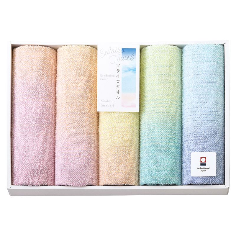 　ギフトサービスについて今治タオルグラデーションタオルセット■メーカー:Solairo Towel (ソライロタオル)■商品名:フェイスタオル5P■サイズ:32×75cm■材質:綿100%■箱サイズ:24.5×35×5cm■原産国:日本■品...