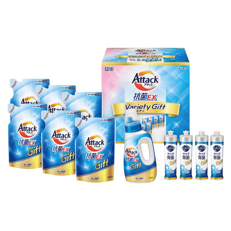 　ギフトサービスについて■メーカー:花王■商品名:アタック抗菌EXバラエティーギフト■セット内容:セット内容/アタック抗菌EX詰替用(590g)×6、キュキュットクリア除菌(220ml)×4、アタック抗菌EX(750g)×1■箱サイズ:25...