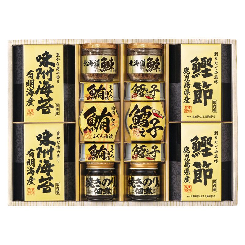 　ギフトサービスについてシリーズ累計販売250万セット突破!北海道産の鮭フレーク、小豆島で製造された焼き海苔入りの佃煮、鹿児島県産鰹節など選りすぐりの逸品を詰合せた和風ギフトです。■商品名:美味之誉 詰合せ■セット内容:セット内容/まぐろ油...