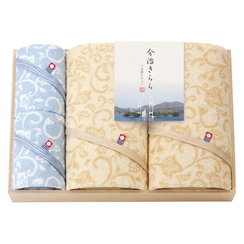 　ギフトサービスについて着物のように上品で自然を感じる色彩で織り上げた情緒あふれる和更紗模様百二十年の歴史と受け継がれる職人技が光る情緒溢れる今治タオルを 高級感漂う木箱に丁寧に詰め合わせた、特別な贈り物■メーカー:今治きらら■商品名:愛媛...