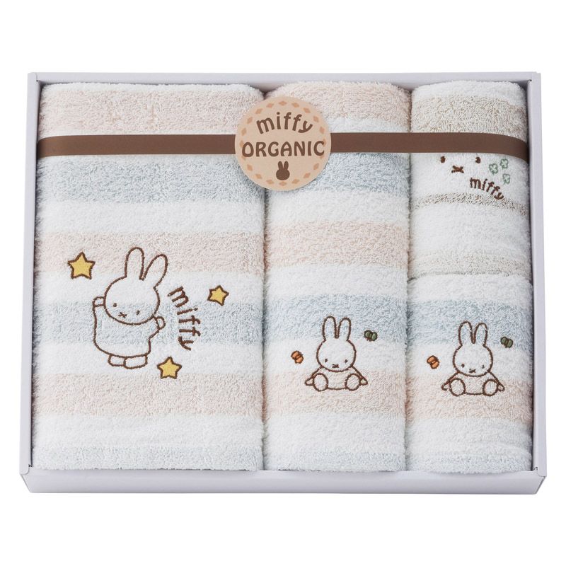 　ギフトサービスについてシンプルなボーダーにミッフィーの刺繍がアクセント。オーガニックコットンをパイルに使用したタオルギフトです。■メーカー:ミッフィー■商品名:オーガニック タオルセット■容量:0.8kg■材質:パイル糸:綿100%(オー...