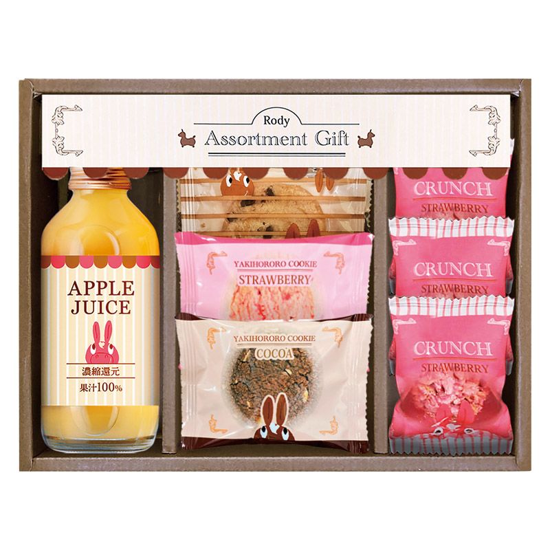 　ギフトサービスについて■メーカー:ロディ■商品名:ジュース&amp;クッキーセット■セット内容:チョコクランチ(ストロベリー)×3、アップルジュース(180ml)・焼きほろろクッキー(ココア・ストロベリー)・ナッツとチョコのざっくりクッキ...