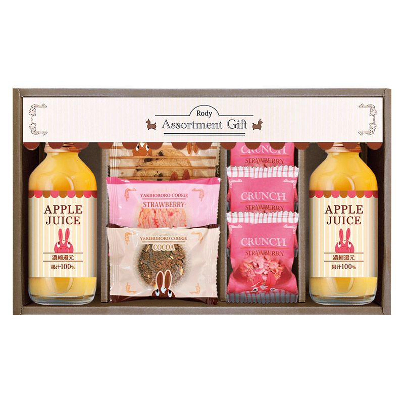 　ギフトサービスについて■メーカー:ロディ■商品名:ジュース&amp;クッキーセット■セット内容:チョコクランチ(ストロベリー)×3、アップルジュース(180ml)×2、焼きほろろクッキー(ココア・ストロベリー)・ナッツとチョコのざっくりク...