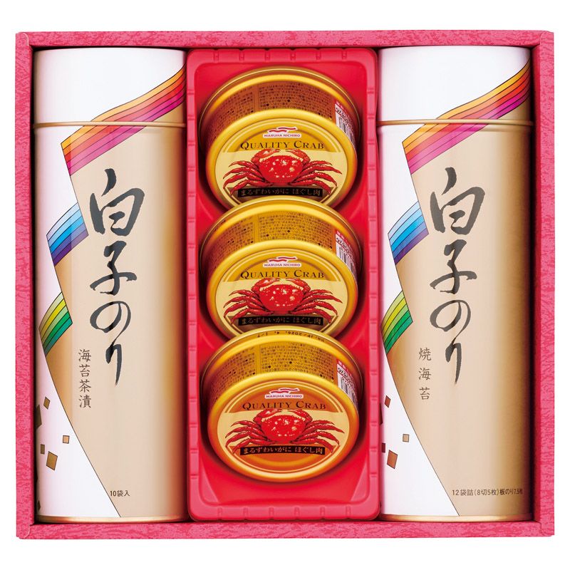 　ギフトサービスについて食卓を豪華に、海の幸を贅沢に贈る。■メーカー:白子のり■商品名:海苔・かに缶詰合せ■セット内容:まるずわいがにほぐし肉(55g)×3、焼のり12袋詰(8切5枚)・のり茶漬け(10袋)×各1■箱サイズ:23.5×25....