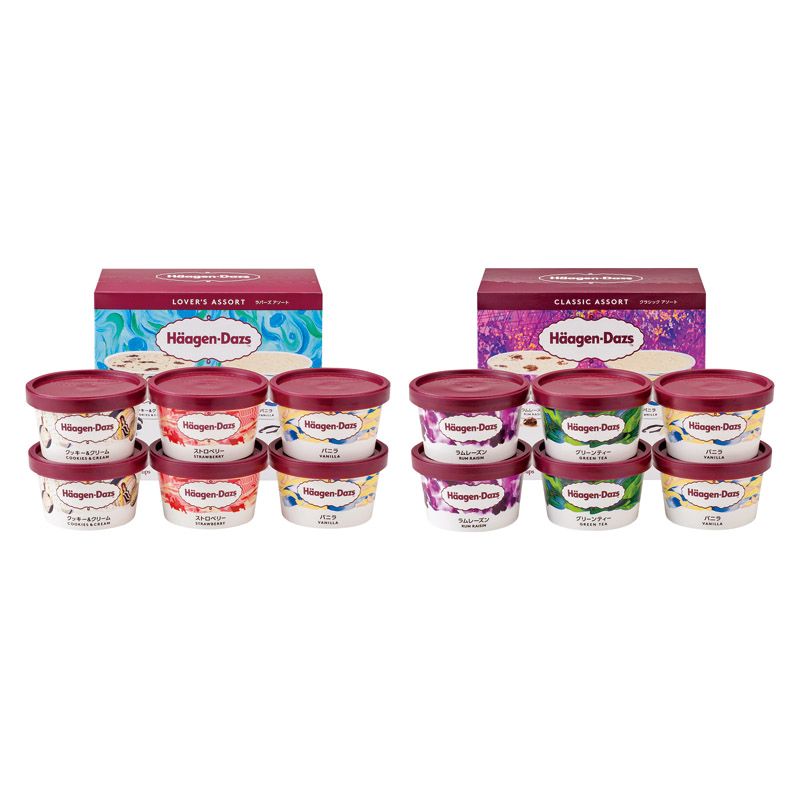 ハーゲンダッツで人気のフレーバー3種類が入った”ラバーズアソート”と、こだわりの素材を使用した大人向けフレーバー3種類が入った”クラシックアソート”をセットにしてお届けします。ハーゲンダッツで人気のフレーバー3種類が入った”ラバーズアソート...
