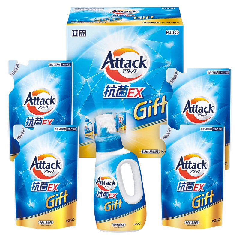 　ギフトサービスについて■メーカー:花王■商品名:アタック抗菌EXギフト■セット内容:アタック抗菌EX詰替用(590g)×4、アタック抗菌EX(750g)×1■箱サイズ:16.6×25.1×28.4cm■品番:K・AR-30A■のし:A4■...