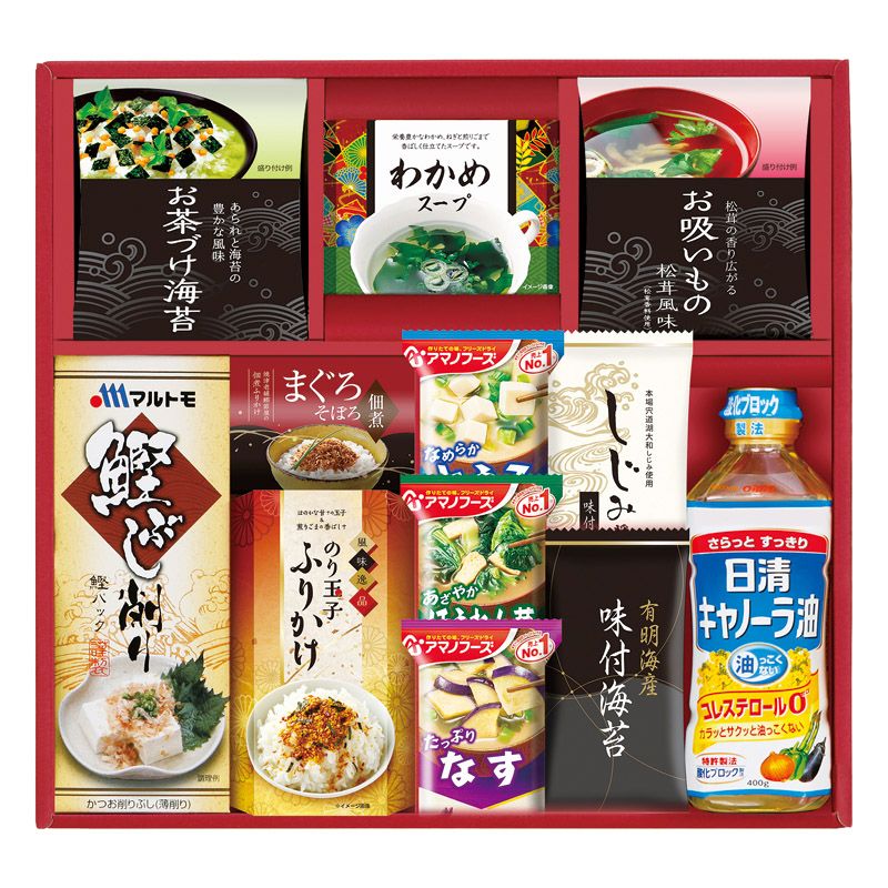 　ギフトサービスについて■商品名:アマノフーズ&amp;永谷園 食卓セット■セット内容:永谷園お茶づけ海苔(4.7g×5)・永谷園お吸いもの松茸風味(2.3g×6)・わかめスープ(5.3g×2)・マルトモ鰹ぶし削り(2g×6)・まぐろそぼろ...
