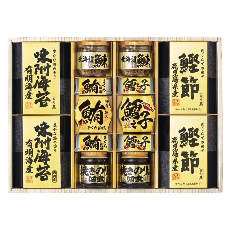 　ギフトサービスについてシリーズ累計販売250万セット突破!北海道産の鮭フレーク、小豆島で製造された焼き海苔入りの佃煮、鹿児島県産鰹節など選りすぐりの逸品を詰合せた和風ギフトです。■商品名:美味之誉 詰合せ■セット内容:まぐろ油漬け・鱈之子...