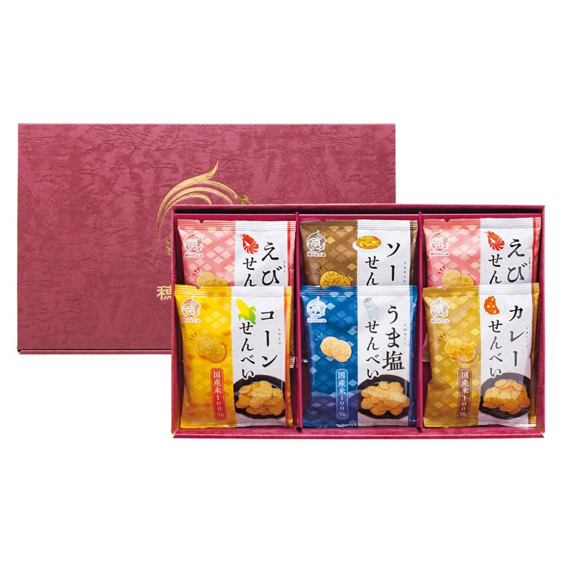 　ギフトサービスについて香ばしいえびの風味で後引く旨さの「えびせんべい」、香ばし醤油仕立ての「コーンせんべい」、あおさ海苔を練り込みソースの旨みを堪能できる「ソースせんべい」、シンプルな美味しさでお米を味わう「うま塩せんべい」とスパイシーな...