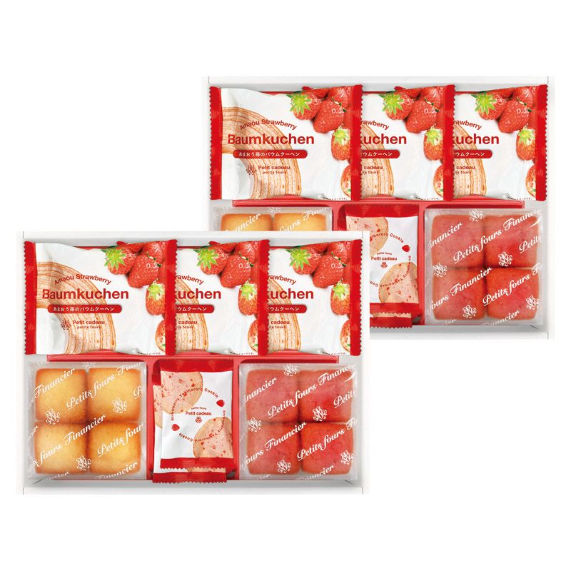 　ギフトサービスについて国産小麦粉とあまおう苺濃縮果汁を使用し、苺の風味と味わいを生かして一層一層丁寧に焼き上げたバウムクーヘンと、ひとくちサイズのしっとりとした食感で仕上げ、トンネルオーブンを使用することによりふんわりと焼き上げたフィナン...