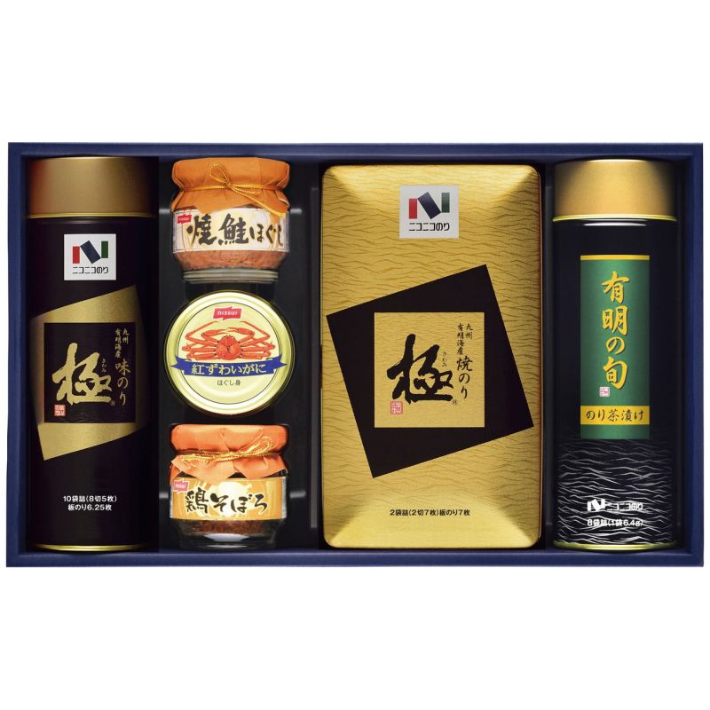 　ギフトサービスについて九州有明海産の上質な海苔「極」の味のりと焼のりにのり茶漬け、缶詰、瓶詰を詰め合わせました。■商品名:ニコニコのり 海苔・瓶詰・缶詰・海苔茶漬け詰合せ■品番:MB-50R■賞味期限:730日■JAN:490212208...
