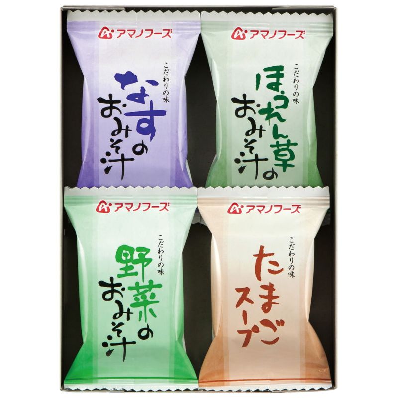 　ギフトサービスについてフリーズドライのアマノフーズが贈る、こだわりのおみそ汁とスープのギフトセット。■商品名:アマノフーズ 味わいづくしギフト(4食)■品番:50B■賞味期限:2年■JAN:4971334212802味わいづくし なすのお...