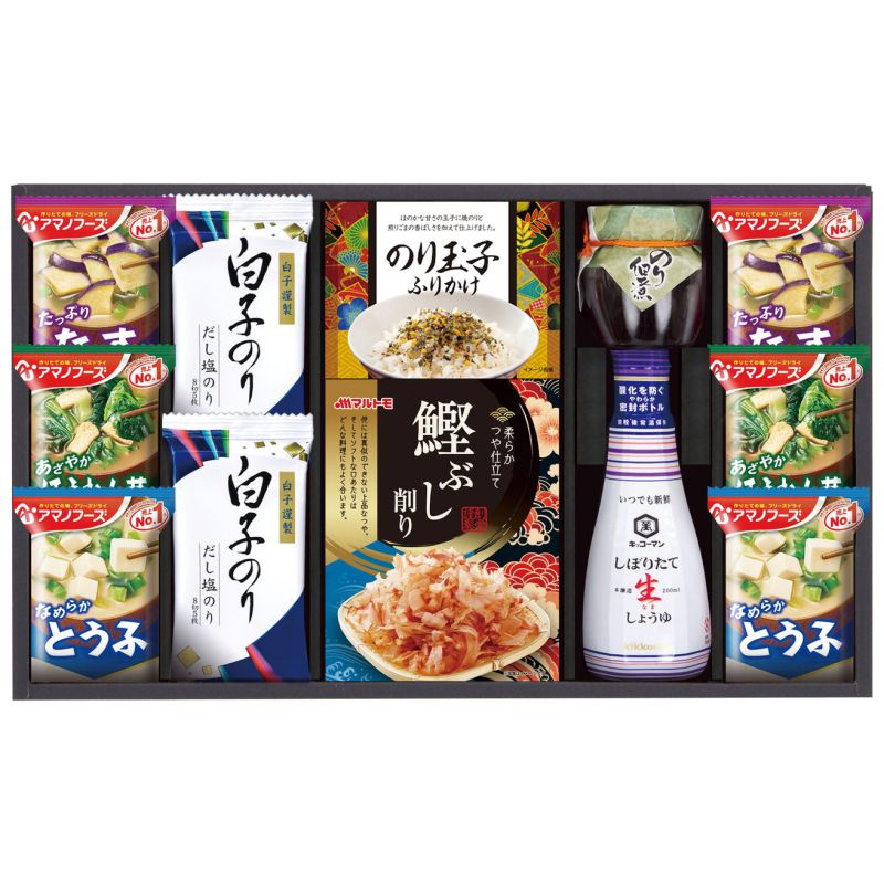 　ギフトサービスについて3つの味のフリーズドライおみそ汁と、便利で使いやすい卓上タイプのしょうゆに食卓を彩り豊かにするご飯のお供のセットです。■商品名:キッコーマン&amp;アマノフーズ食卓詰合せ■品番:MSE-30A■賞味期限:360日■...