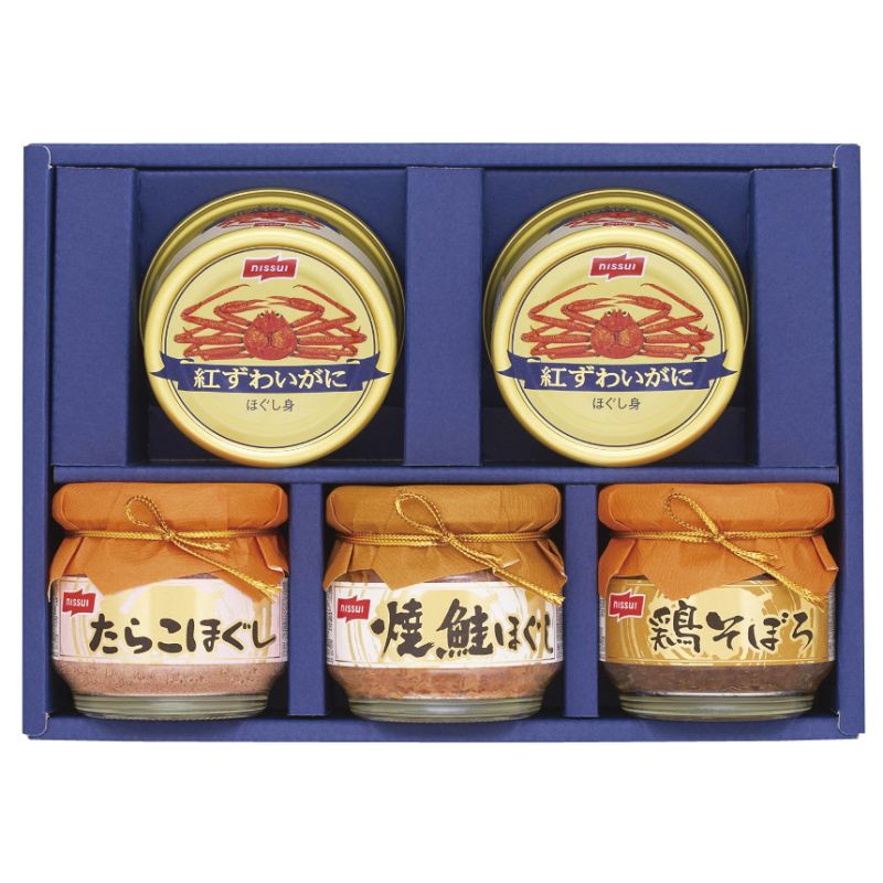 　ギフトサービスについて定番のかに缶とごはんによく合うびん詰のアソートセットです。■商品名:かに缶詰・瓶詰ギフト■メーカー品番:BK-30D■温度帯:常温■賞味期間:730日間■商品内容:紅ずわいがにほぐし身55g×2、(焼鮭ほぐし・鶏そぼ...