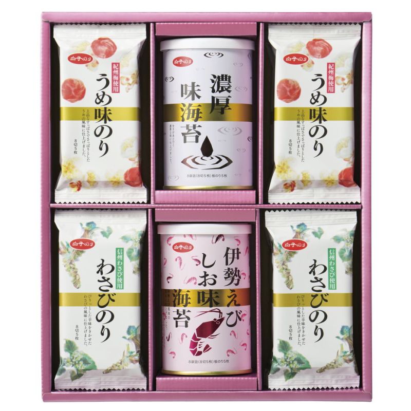 　ギフトサービスについて風味豊かな味のり・焼きのりとお茶漬けの詰合せギフトです。■商品名:バラエティ味のり詰合せ■メーカー品番:AB-500■温度帯:常温■賞味期間:540日間■商品内容:紀州梅使用うめ味のり(8切5枚)×8、濃厚味のり8袋...