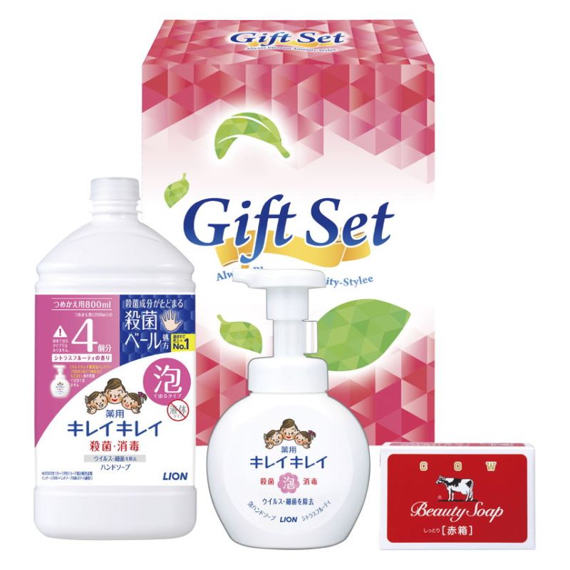 　ギフトサービスについてライオンキレイキレイ薬用泡ハンドソープ主体の家族で使える清潔ギフト。■商品名:きちんとキレイギフト■メーカー品番:GKL-20■商品内容:キレイキレイ薬用泡ハンドソープ(本体250ml・詰替800ml)、牛乳石鹸赤箱...