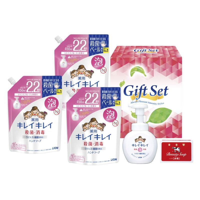 　ギフトサービスについてライオンキレイキレイ薬用泡ハンドソープ主体の家族で使える清潔ギフト。■商品名:きちんとキレイギフト■メーカー品番:GKL-30■商品内容:キレイキレイ薬用泡ハンドソープ(本体250ml・詰替450ml×3)、牛乳石鹸...