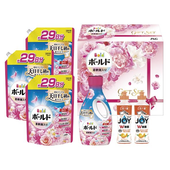 　ギフトサービスについて■商品名:ボールド液体洗剤ギフトセット■メーカー品番:PGCB-50F■商品内容:ボールドジェル華やかプレミアムブロッサムの香り(本体680g・詰替[超特大]690ml×3)、除菌ジョイコンパクトオレンジの香り170...