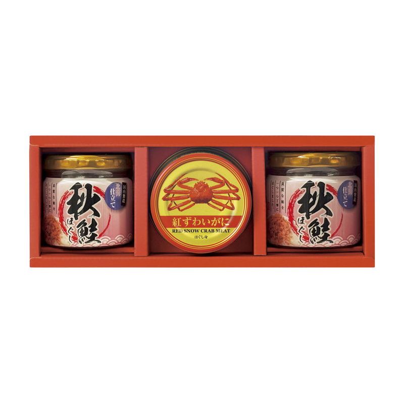 　ギフトサービスについて■商品名:海鮮づくし■メーカー品番:DRB-B■温度帯:常温■賞味期間:360日間■商品内容:紅ずわいがに(ほぐし身)55g・秋鮭ほぐし50g×2 【小麦・かに】■箱サイズ:箱85×245×70mm■商品重量:550...