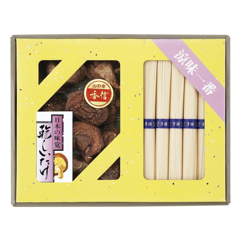 　ギフトサービスについて■商品名:国産椎茸と手延そうめん御詰合せ■メーカー品番:KBY-BJ3■温度帯:常温■賞味期間:690日間■商品内容:国内産原木香信椎茸20g・島原手延そうめん45g×5束 【小麦】■箱サイズ:箱236×298×34...