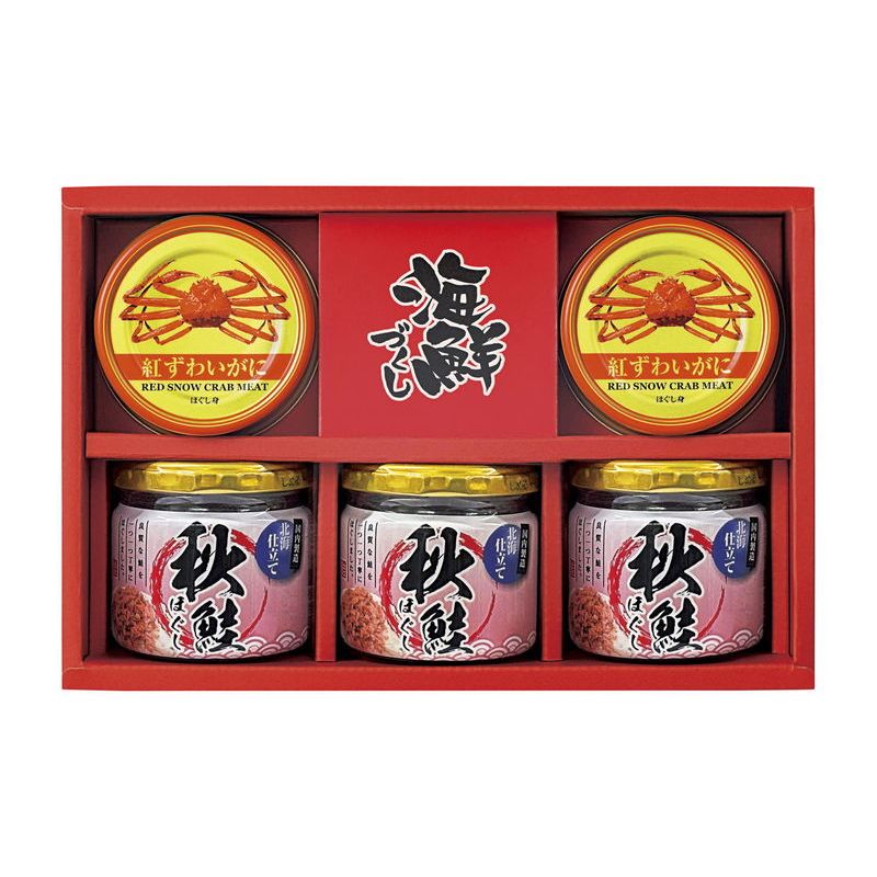 　ギフトサービスについて■商品名:海鮮づくし■メーカー品番:DRB-E■温度帯:常温■賞味期間:360日間■商品内容:紅ずわいがに(ほぐし身)55g×2・秋鮭ほぐし50g×3 【小麦・かに】■箱サイズ:箱160×245×70mm■商品重量:...