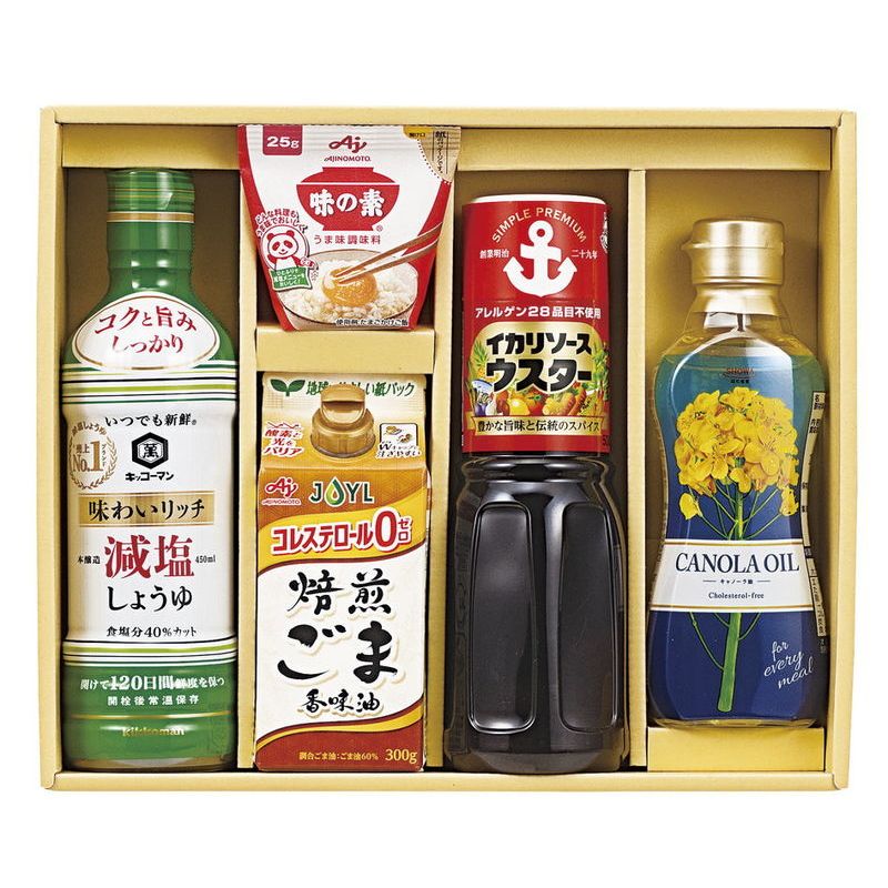 　ギフトサービスについて■商品名:焙煎ごま油&amp;調味料ギフト■メーカー品番:BGC-30■温度帯:常温■賞味期間:540日間■商品内容:昭和キャノーラ油300g・キッコーマンいつでも新鮮味わいリッチ減塩しょうゆ450ml・イカリソース...