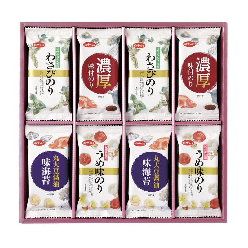 　ギフトサービスについて■商品名:バラエティ味のり詰合せ■メーカー品番:MR-300■温度帯:常温■賞味期間:540日間■商品内容:信州わさび使用わさびのり(8切5枚)×4・濃厚味付のり(8切5枚)×4・丸大豆醤油味のり(8切5枚)×4・紀...