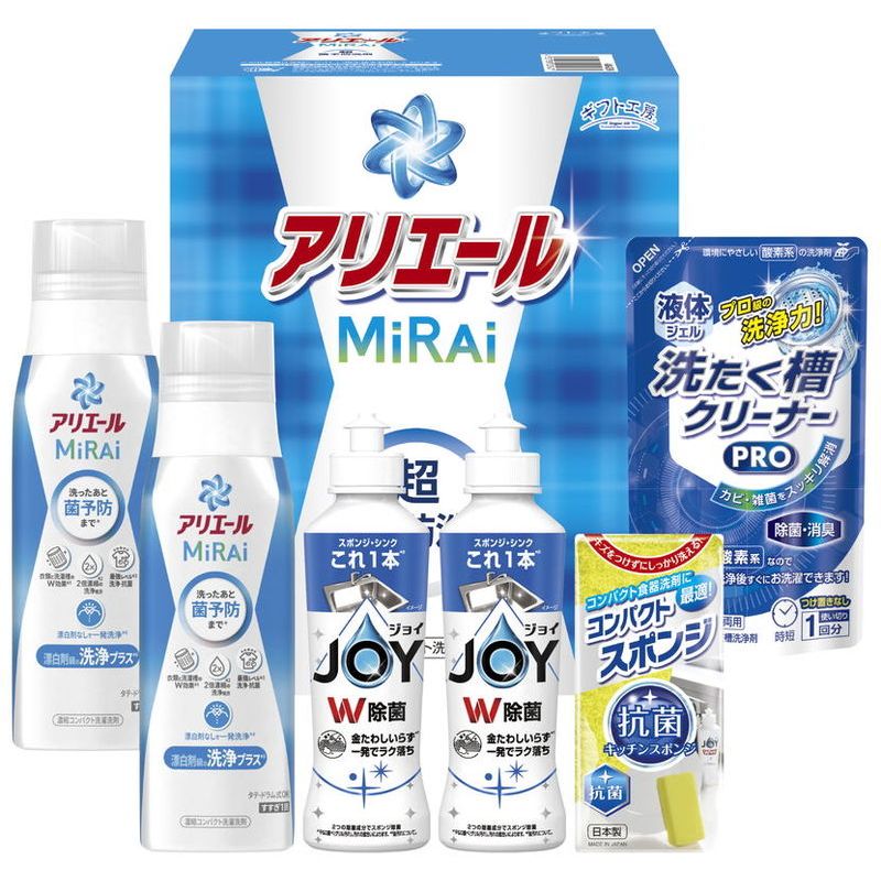　ギフトサービスについて■商品名:アリエールミライセット■メーカー品番:AM-25N■商品内容:アリエールミライ330g×2・除菌ジョイ170ml×2・コンパクトスポンジ・液体洗たく槽クリーナーPRO200g■箱サイズ:箱219×180×1...