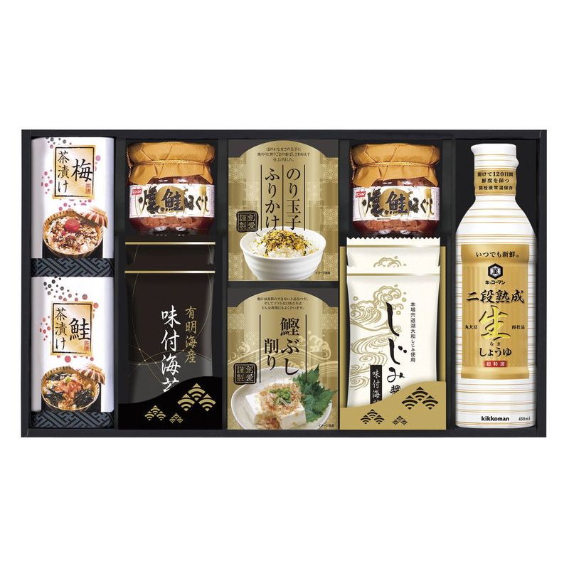 　ギフトサービスについて■商品名:キッコーマン二段熟成生しょうゆ&amp;食卓詰合せ■メーカー品番:KJ-40■温度帯:常温■賞味期間:390日間■商品内容:梅茶漬け(4.3g×2袋)・鮭茶漬け(4.7g×2袋)・ニッスイ焼鮭ほぐし50g×...