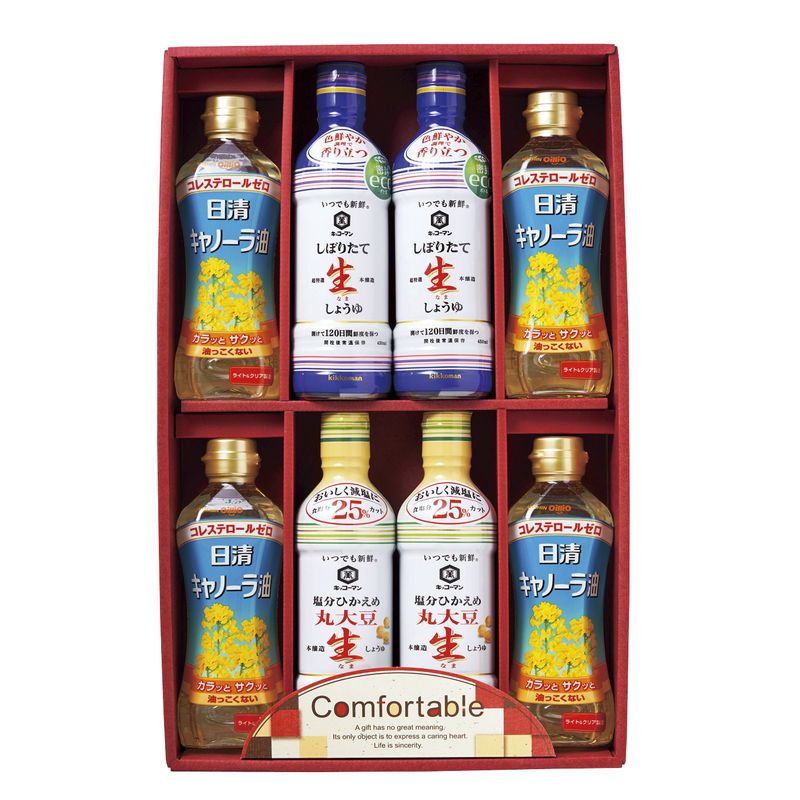 　ギフトサービスについて■商品名:カンフォータブル■メーカー品番:CF-50C■温度帯:常温■賞味期間:365日間■商品内容:日清キャノーラ油350g×4・キッコーマン(しぼりたて生しょうゆ・塩分ひかえめ丸大豆生しょうゆ)450ml×各2 ...
