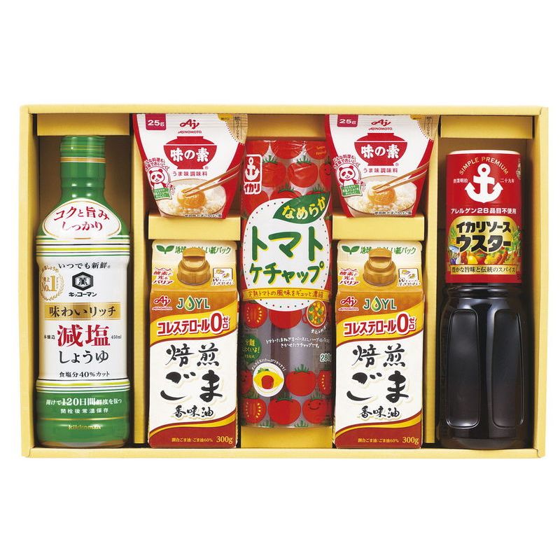 　ギフトサービスについて■商品名:焙煎ごま油&amp;調味料ギフト■メーカー品番:BGC-40■温度帯:常温■賞味期間:540日間■商品内容:キッコーマンいつでも新鮮味わいリッチ減塩しょうゆ450ml・イカリソースウスター500ml・イカリ...
