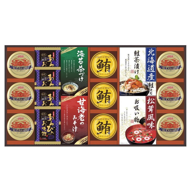　ギフトサービスについて■商品名:贅沢フリーズドライと山海の幸■メーカー品番:AT-100■温度帯:常温■賞味期間:365日間■商品内容:あわび入お吸い物×4・紅ずわいがにほぐし身55g×6・鮪油漬フレーク70g×3・北海道産鮭茶漬け(4g...
