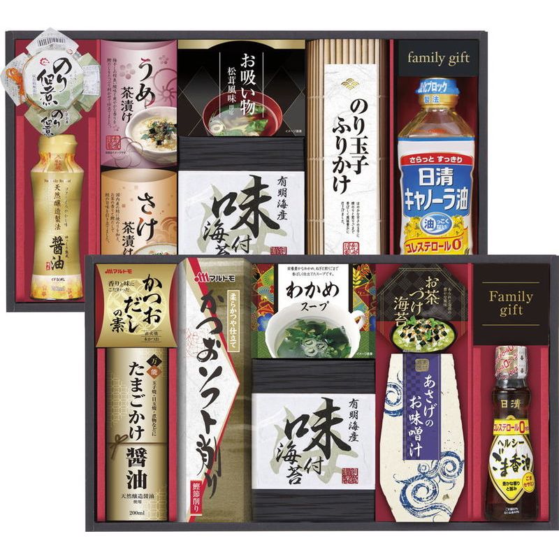 　ギフトサービスについて■商品名:日清オイリオ食卓詰合せ■メーカー品番:NSO-80A■温度帯:常温■賞味期間:360日間■商品内容:島の香のり佃煮80g・うめ茶漬け(4.3g×2袋)・さけ茶漬け(4.7g×2袋)・永谷園お吸いもの松茸香風...