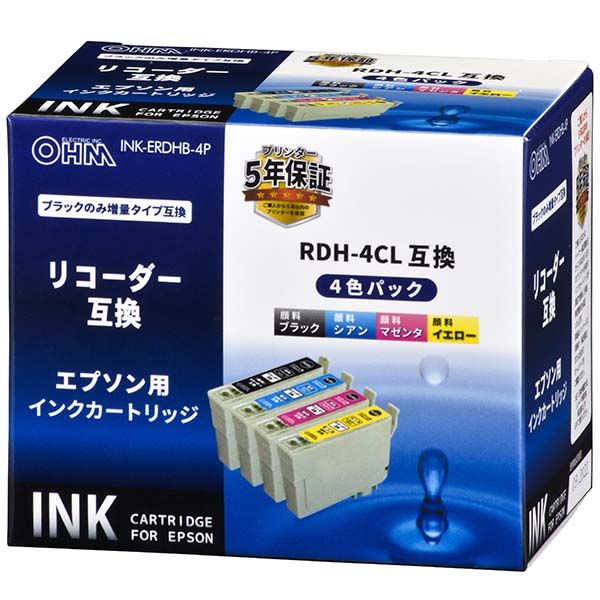 　ギフトサービスについて・商品名: エプソン リコーダー RDH-4CL互換インク(4色パック)・型番: INK-ERDHB-4P・JANコード: 4971275143128・販売元: (株)オーム電機【特長】●リコーダー互換 エプソン型番...