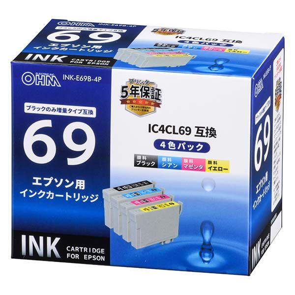 　ギフトサービスについて・商品名: エプソン IC4CL69互換(顔料4色パック)・型番: INK-E69B-4P・JANコード: 4971275141308・販売元: (株)オーム電機【特長】●エプソン純正インクジェットカートリッジの代わ...