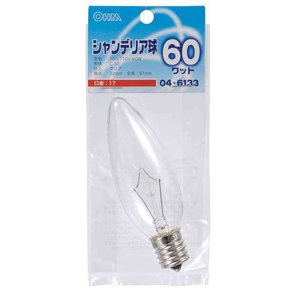 　ギフトサービスについて・商品名: シャンデリア球(60W/クリア/C-32/E17)・型番: LB-C2760-C・JANコード: 4971275461338・販売元: (株)オーム電機【仕様】■ 口金:E17■ 定格:100/110V-...