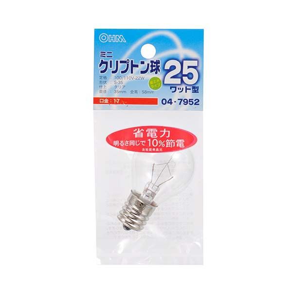 　ギフトサービスについて・商品名: ミニランプ クリプトン(25W相当/クリア/S-35/E17)・型番: LB-S3725K-C・JANコード: 4971275479524・販売元: (株)オーム電機【特長】■定格:100/110V-22...