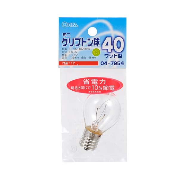 　ギフトサービスについて・商品名: ミニランプ クリプトン(40W相当/クリア/S-35/E17)・型番: LB-S3740K-C・JANコード: 4971275479548・販売元: (株)オーム電機【特長】■定格:100/110V-36...