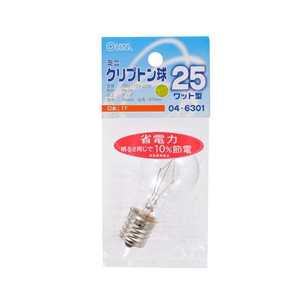 　ギフトサービスについて・商品名: ミニクリプトン球(25W相当/クリア/PS-35/E17)・型番: LB-PS3725K-C・JANコード: 4971275463011・販売元: (株)オーム電機【特長】●省エネタイプ25ワット型ミニク...