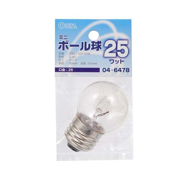 　ギフトサービスについて・商品名: ミニボール球(25W/クリア/G40/E26)・型番: LB-G4625-C・JANコード: 4971275464780・販売元: (株)オーム電機【仕様】■口金:E26■定格:100/110V-25W■...