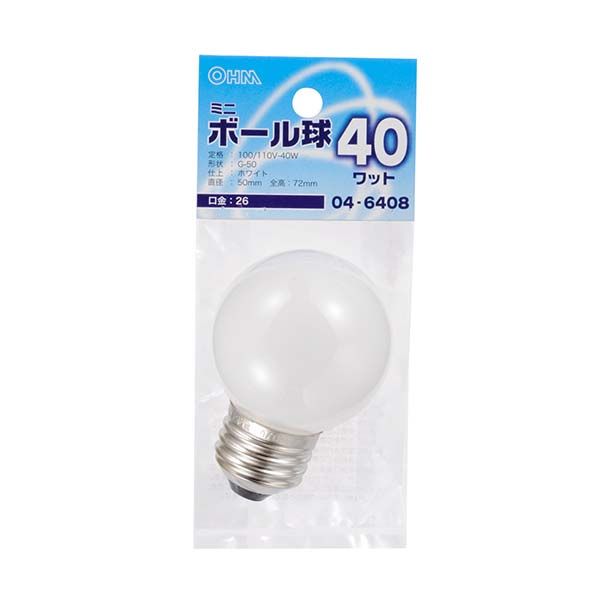 　ギフトサービスについて・商品名: ミニボール球(40W/ホワイト/G50/E26)・型番: LB-G5640-W・JANコード: 4971275464087・販売元: (株)オーム電機【仕様】■口金:E26■定格:100/110V-40W...