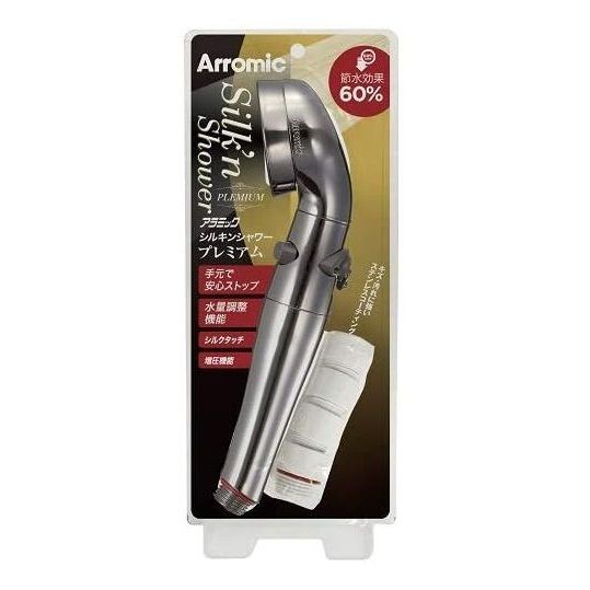 　ギフトサービスについて最大70%の節水を可能にしたアラミックシルキンシャワープレミアム!!!手元で安心ストップ・水量調整！簡単取り付け！シルクタッチ。低水圧対応の増圧機能。簡単に節水効果60%OFF!!!キズ・汚れに強いステンレスコーティ...