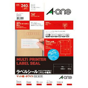 メーカー名：エーワン 商品名：ラベルシール［プリンタ兼用］ （A4サイズ：24面・10シート：240片）　31511色系統：白色度 81％型番：　31511　JANコード：4906186315111シートサイズ ：A4判（210×297mm...