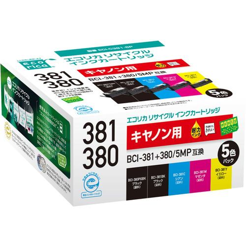 エレコム ECI-C381-5P エコリカ 互換リサイクルインクカートリッジ キヤノン BCI-381+380/5MP 5色パック 残量表示機能付き PIXUS ●エコリカ リサイクルインクカートリッジ●対応カートリッジ:キヤノン BCI-...