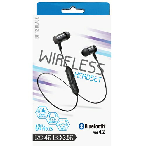 オズマ BT-12K ステレオブルートゥース　Ver4.2 ブラック発売日：2019年6月21日●マグネットブルートゥース●連続通話3.5時間●絡みにくいフラットケーブル【仕様】紛失防止機能：マグネット付イヤホン入力：Micro-USB：2...