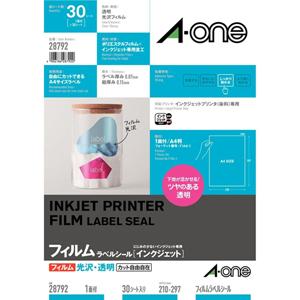 エーワン 28792 インクジェット専用ラベルシール A4判 光沢フィルム 30枚入り●インクジェットプリンタでの印字適性に優れたラベルです。●下地を生かせる透明フィルムタイプです。光沢があり、鮮やかに印刷できます。●乾きが早く、にじまない...