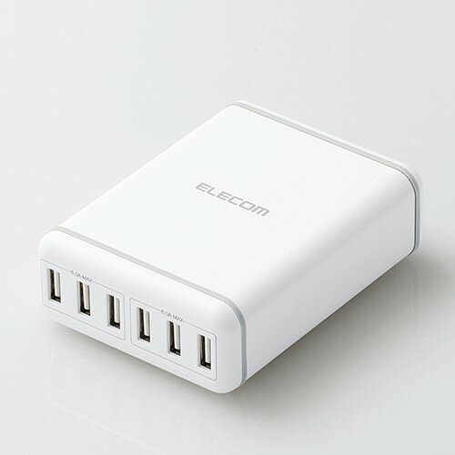 エレコム MPA-ACD03WH 6ポートAC充電器 ホワイト●さまざまなUSB機器をこれ一つで急速充電。 1ポート最大出力12W(5V/2.4A)・合計最大出力60W(連続するポートごとに30W(5V/6A)ずつ)で、6つのUSBポートを...