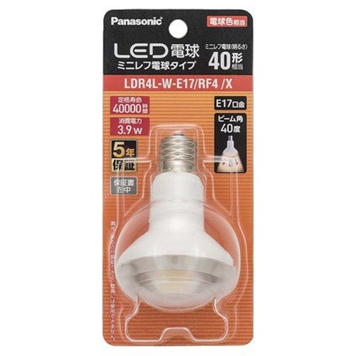 パナソニック LDR4LWE17RF4X LED電球 ミニレフ電球タイプ 3.9W E17口金 電球色相当【仕様】本体サイズ（高さ×幅×奥行）：75×50×50本体重量：50g定格消費電力：3.9W全光束：80lmビームの開き：40度電球の...