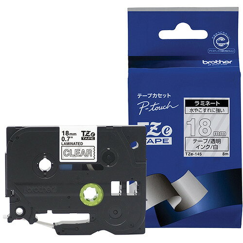 商品名 ラベルライター用テープ 18mm幅（白文字/透明）　TZe-145 型番 TZe-145 JANコード 4977766701761 メーカー ブラザー 色 透明 テープ幅 18mm テープ長さ 8m テープ色 透明 印字色 白 ○透...